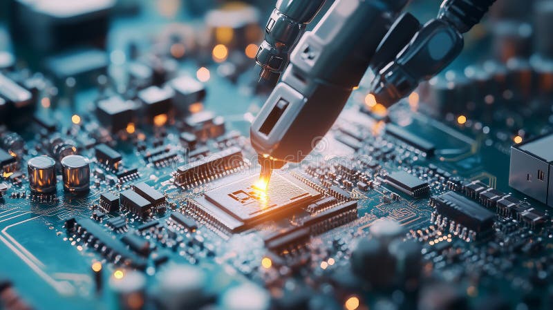 Robotic Arm Working with Microchips on a Circuit Board, Representing ...