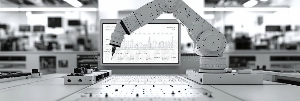 Robotic Arm Working in Monochrome Digital Workspace Stock Illustration ...