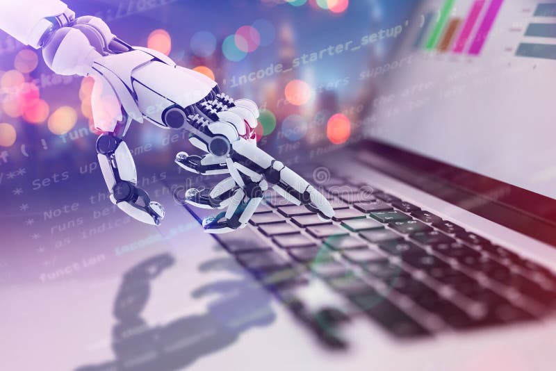 Robotic Arm Working with Notebook. Conceptual Technology Design. Stock ...