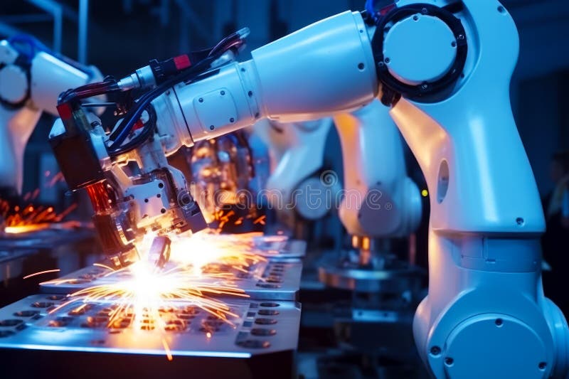 Robotic Arm Working on Piece of Metal with Sparks Coming Out of it ...