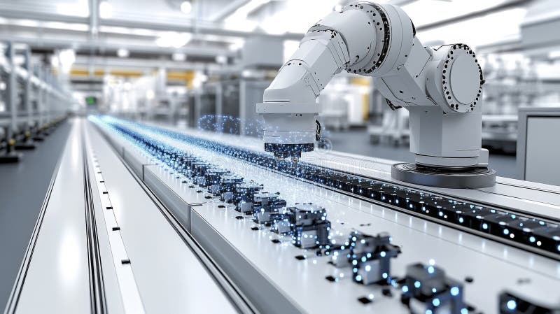 Robotic Arm Working on a Smart Factory Production Line Stock ...