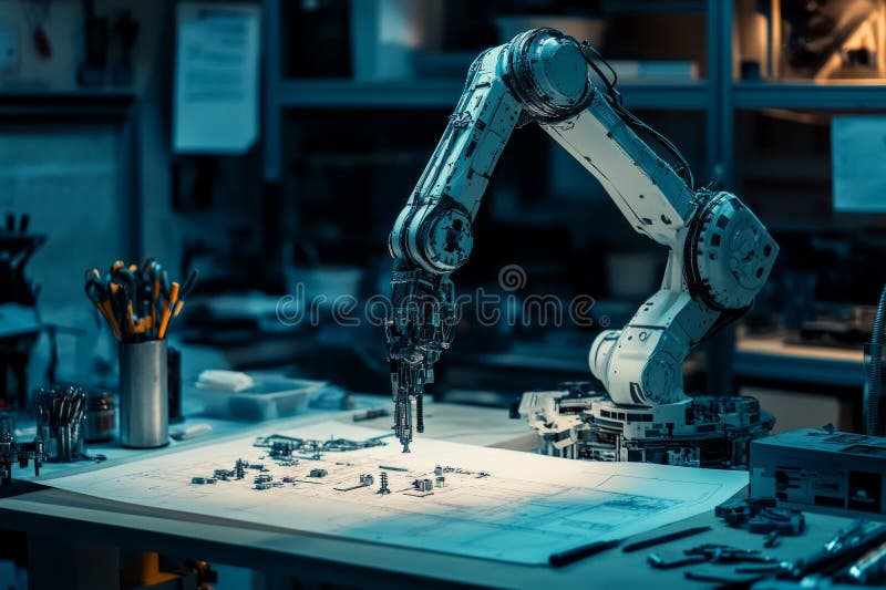A Robotic Arm Works Meticulously on a Workshop Table. the Scene ...