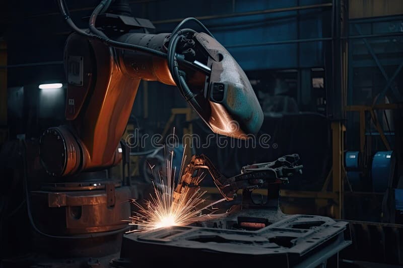 Robotic Arm Works on Welding. Conveyor Line at Factory. Automatic ...