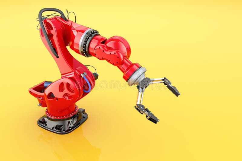 Robotic Arm on Yellow Backdrop, 3D Rendering Stock Illustration ...