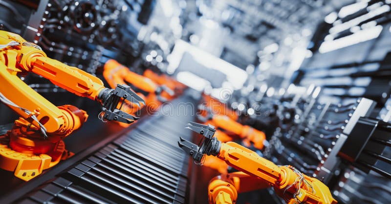 Robotic Arms Along Assembly Line in Modern Factory Stock Illustration ... Robotic Arms Along Assembly Line in Modern Factory Stock Illustration ...