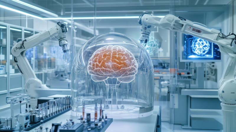 Robotic Arms Analyzing Hologram of Human Brain in Futuristic Laboratory ...