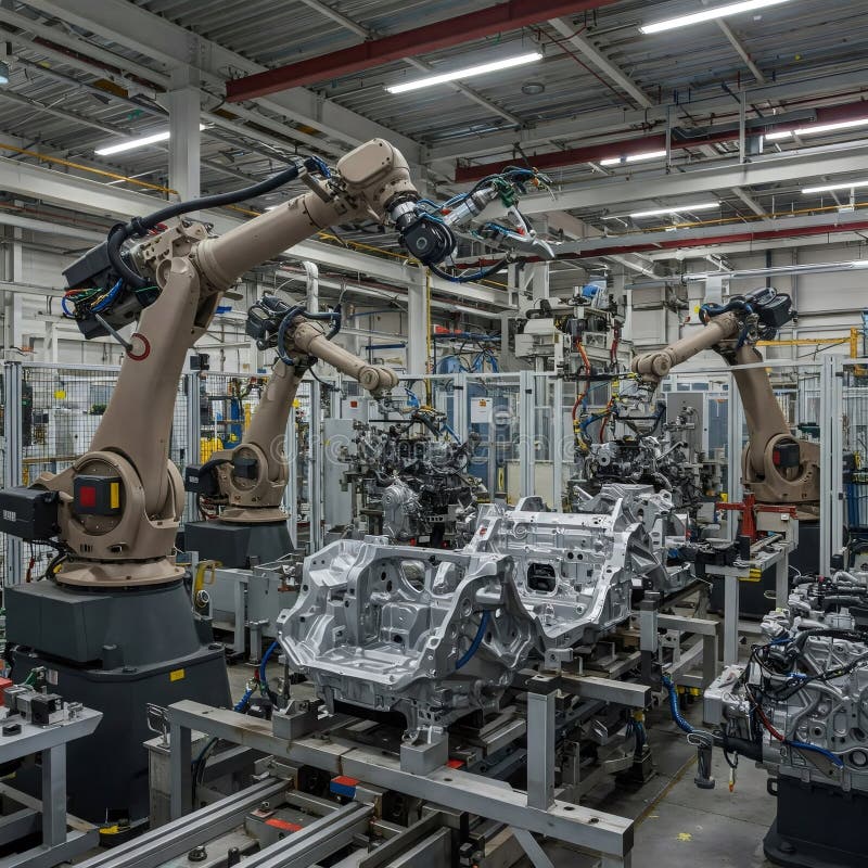 Robotic Arms Assembling Car Engine in Modern Automotive Factory Stock ...