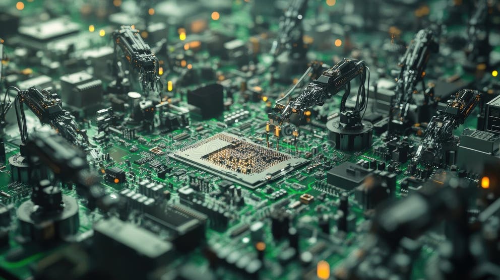 Robotic Arms Assembling Central Processing Unit on Motherboard Stock ...