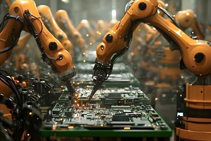 Robotic Arms Assembling Circuit Board in Automated Factory Stock Photo - Image of computer ...