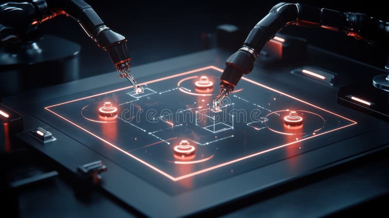 Robotic Arms Assembling Cube on Futuristic Interface Stock Illustration ...