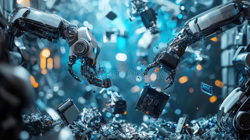 Robotic Arms Assembling Electronic Components in Futuristic Factory ...