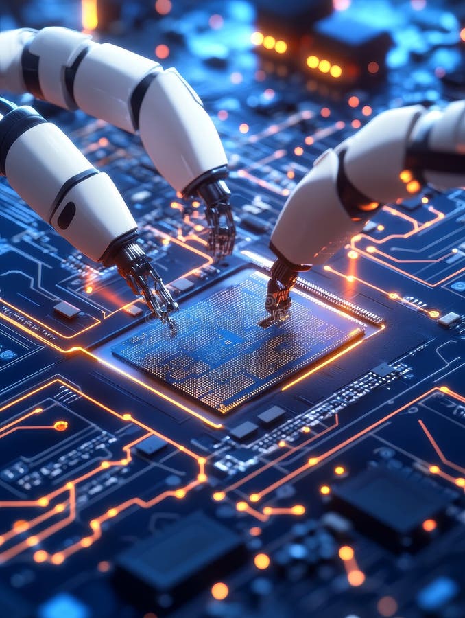 Robotic Arms Assembling Futuristic Microchip Advanced Robotic Arms Precisely Install A Microchip