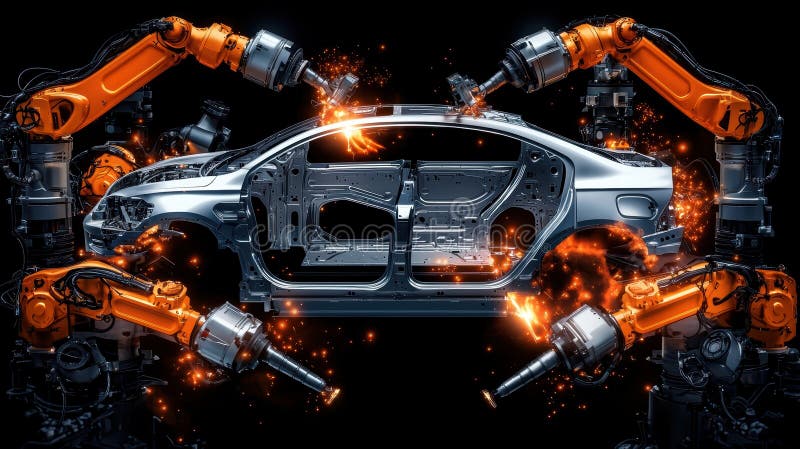 Robotic Arms Assembling Metallic Car Frame with Sparks and Motion Stock ...