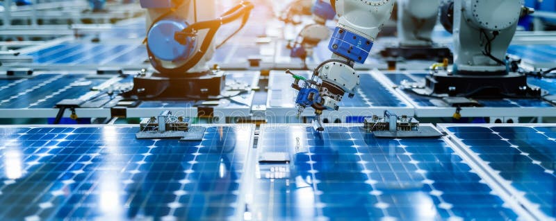 Robotic Arms Assembling Solar Panels in High-tech Production Line Stock ...