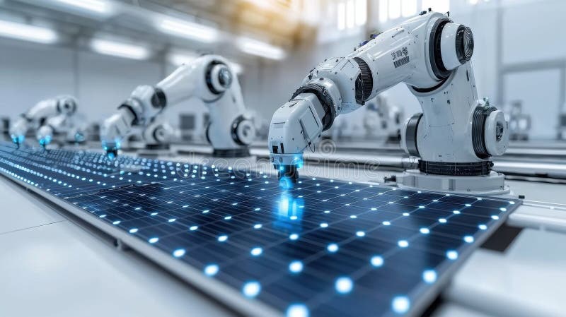 Robotic Arms Assembling Solar Panels on Modern Production Line Stock ...