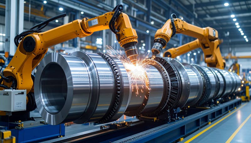 Robotic Arms Assembling Titanium Blades of a Smart Turbine, Glowing ...