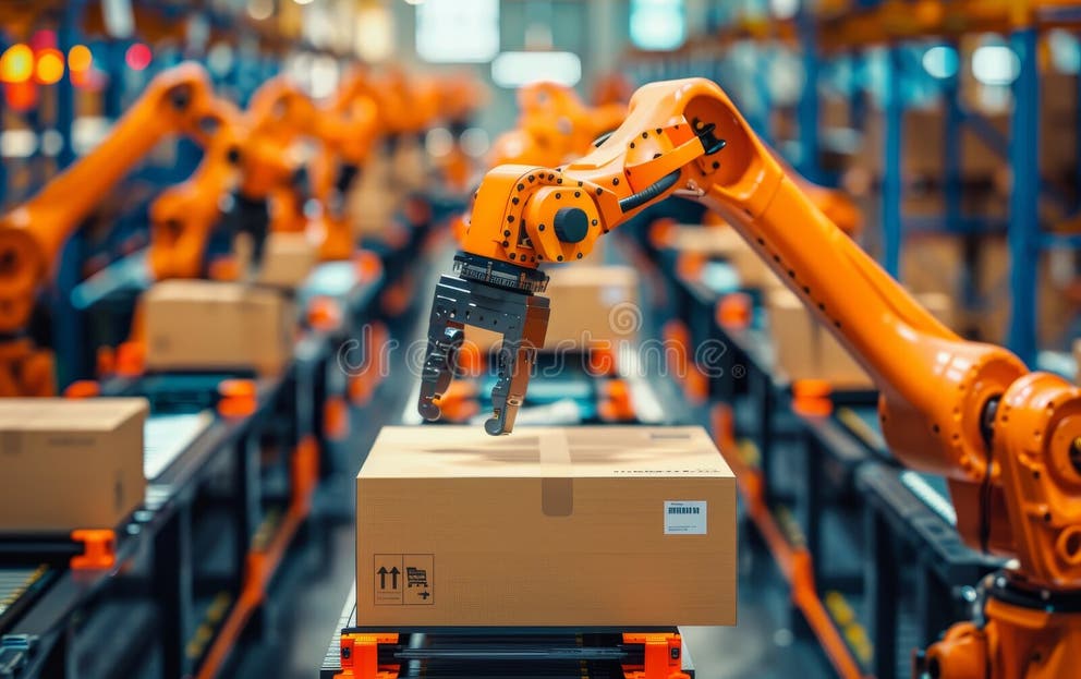 Robotic Arms on a Conveyor Belt Efficiently Sorting and Packaging Boxes ...