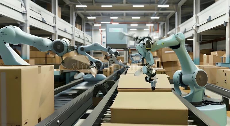 Robotic Arms at a Conveyor Belt Packing Items Stock Video - Video of ...