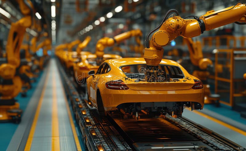 Modern Car Factory Assembly Line Featuring Robotic Arms Operating ...