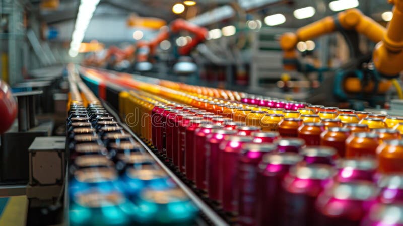 Modern Beverage Production with Robotic Arms Assembling Colorful Cans ...