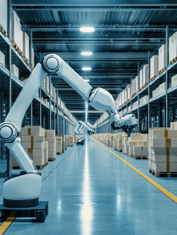 Futuristic E-commerce Warehouse with Robotic Arms Sorting Packages during Automated Fulfillment ...