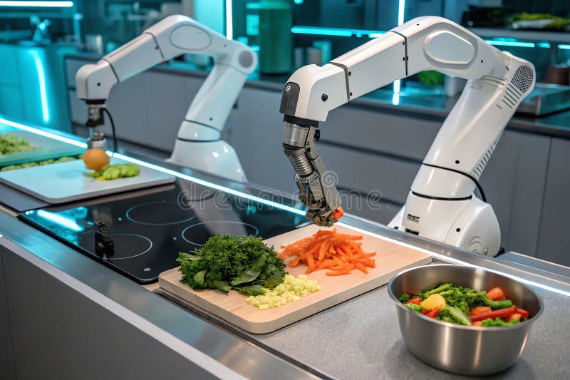 Robotic Arms Expertly Preparing Fresh Vegetables in a Modern Kitchen ...