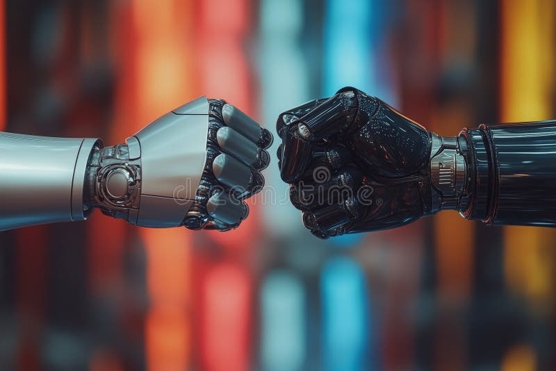 Two Robot Arms Fist Bumping in Agreement on a Colorful Background ...