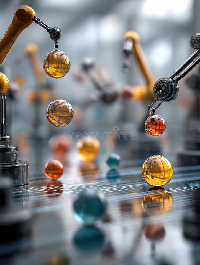 Robotic Arms Manipulate Colorful Data Spheres Futuristic Ai Laboratory ...