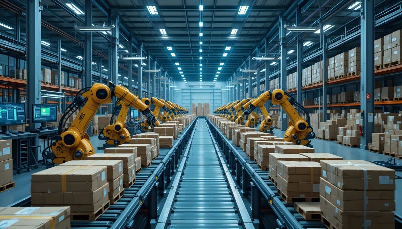 Automated Warehouse Interior Robotic Arms Sorting Packages for Modern ...