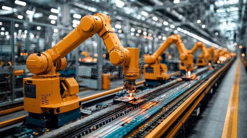 Robotic Arms in Modern Assembly Line Systems Stock Illustration ...