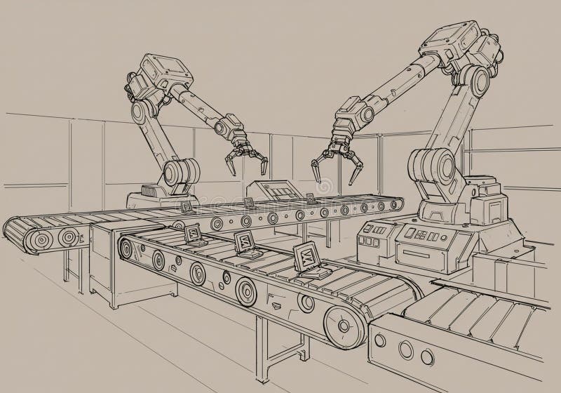 Robotic Arms are Operating in a Factory Setting, Manipulating Elements ...