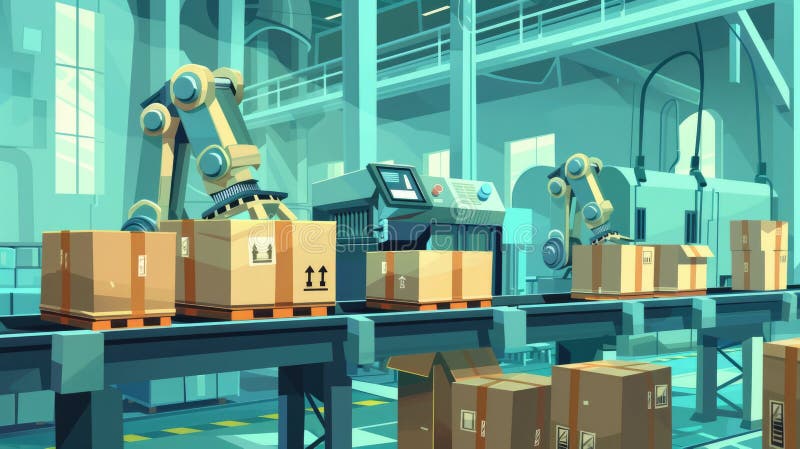 Robotic Arms Packing Boxes in a Modern Factory. Industrial Efficiency ...
