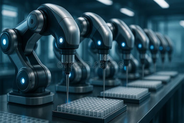 Robotic Arms Performing Automated Lab Testing in High-tech Lab Stock ...