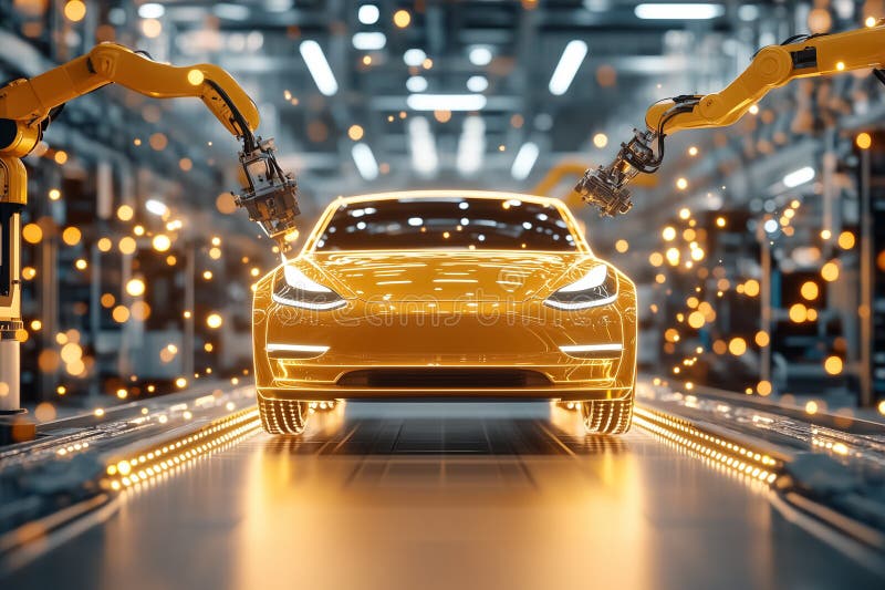 Robotic Arms Performing Tasks on Vibrant Yellow Electric Car during ...