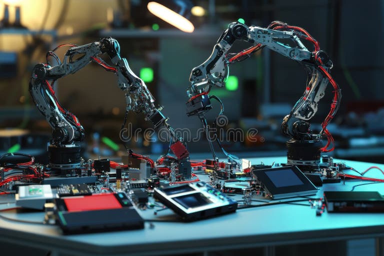 Advanced Robotic Arms Assembling Electronic Components in a Modern Tech ...
