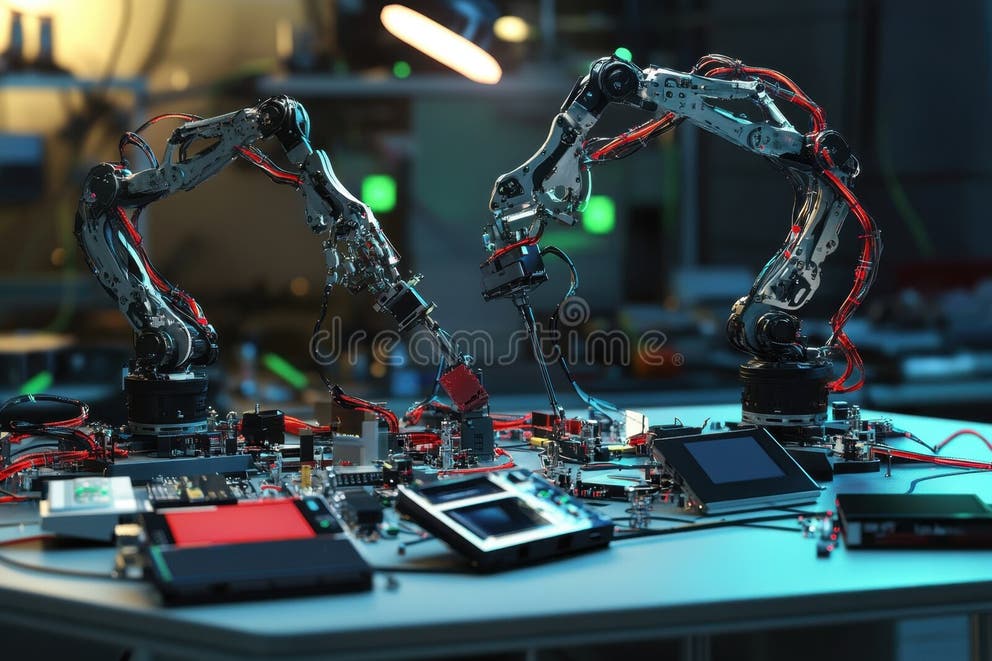 Advanced Robotic Arms Assembling Electronic Components in a Modern Tech ...