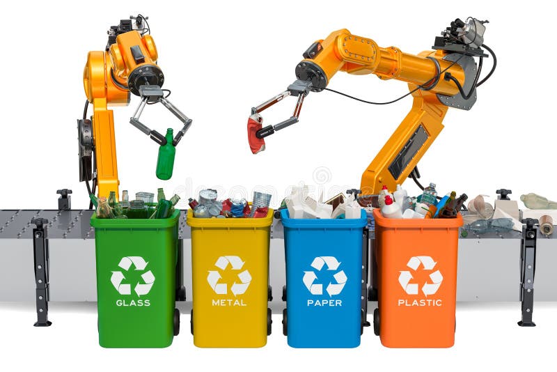 Robotic Arms Sorting Garbage, Automatic Sorting of Trash. 3D Rendering Stock Illustration ...