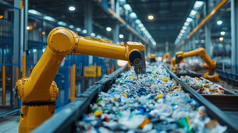 Robotic Arms Sorting through Plastic Waste on a Conveyor Belt in a ... Robotic Arms Sorting through Plastic Waste on a Conveyor Belt in a ...