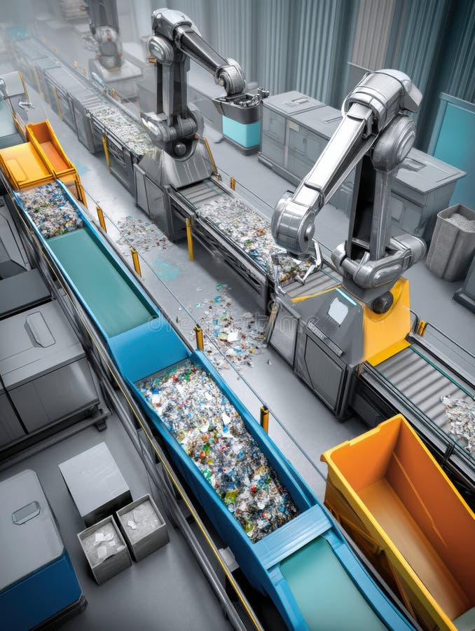 Robotic Arms Sorting Trash at a Modern Waste Management Facility in a ...