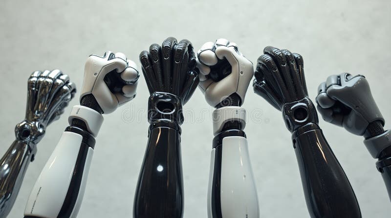 Four Robotic Arms Raised Showcasing Futuristic Design and Diverse ...