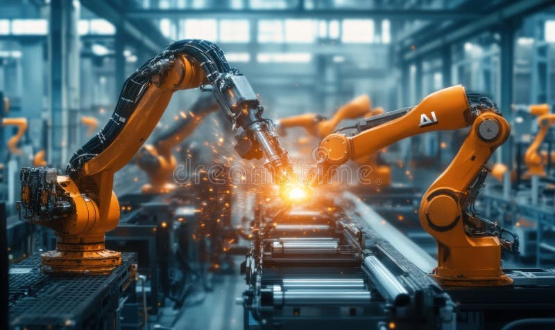 Robotic Arms Welding in Modern Industrial Factory Stock Illustration ...