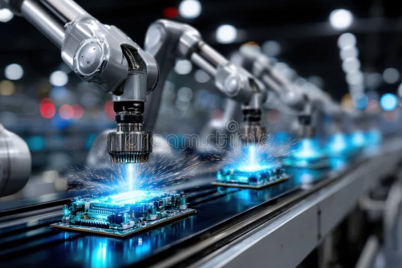 Advanced Robotic Arms Assembling Circuit Boards in a High-tech Factory Environment Stock Photo ...