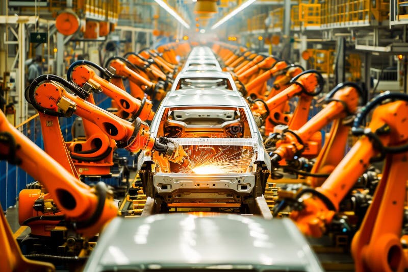 Robotic Arms Work on a Car Assembly Line. Stock Illustration ...