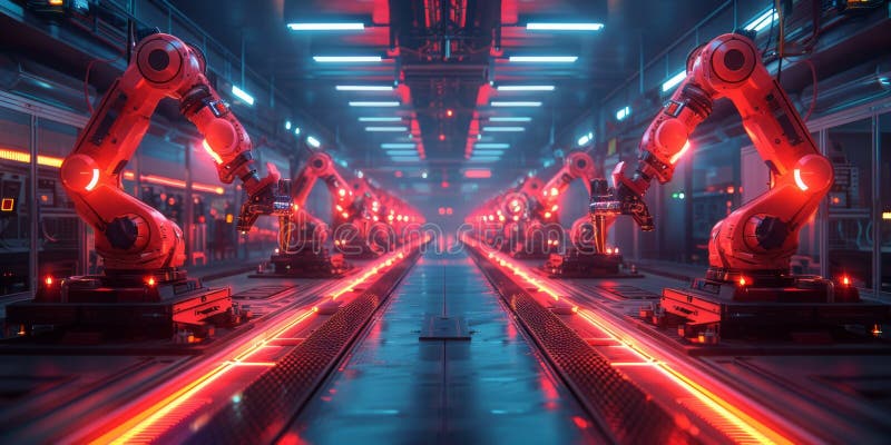 Robotic Arms Working on an Automated Assembly Line in a Futuristic ... Robotic Arms Working on an Automated Assembly Line in a Futuristic ...