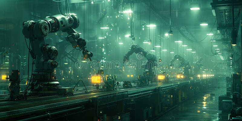 Robotic Arms Working on an Automated Assembly Line in a Futuristic ... Robotic Arms Working on an Automated Assembly Line in a Futuristic ...