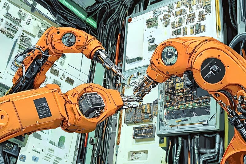 Robotic Arms Working on Complex Circuit Board Stock Image - Image of ...
