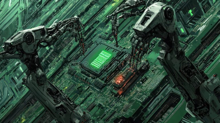 Robotic Arms Working on a Computer Chip Stock Illustration ...
