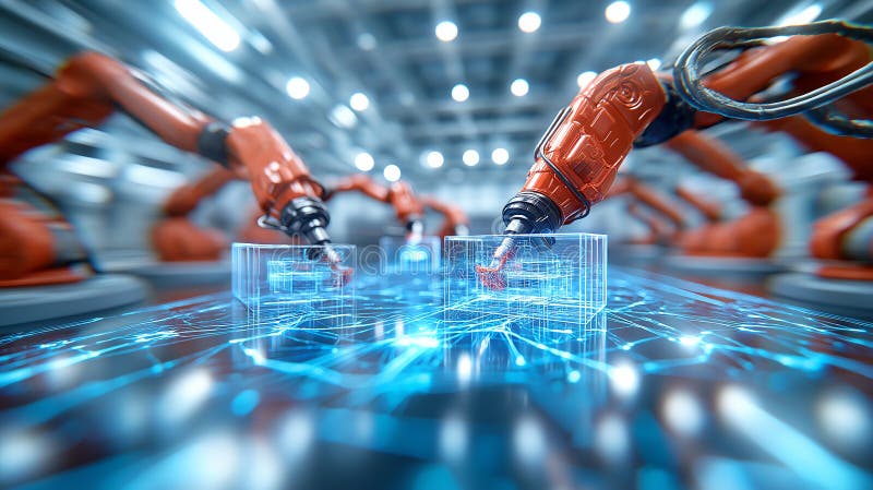 Robotic Arms Working in Industrial Hall Assembling Transparent Boxes ...