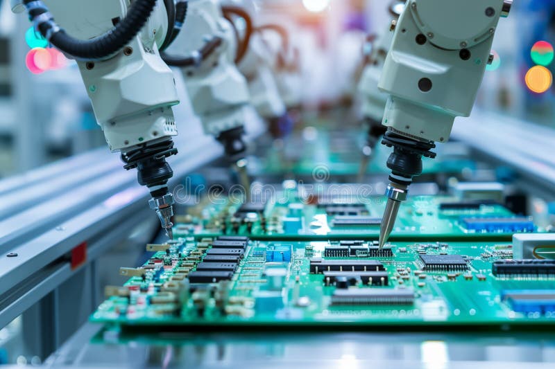 Robotic Arms Working In Line On An Automated Assembly Line Inside A