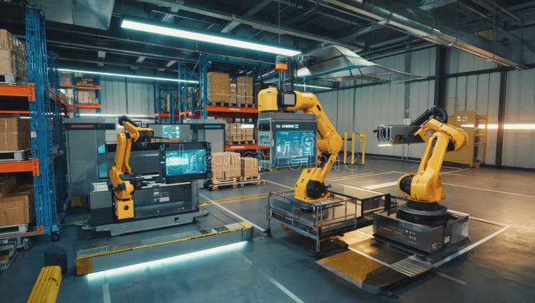Robotic Arms Working in Modern Automated Warehouse Processing Packages ...